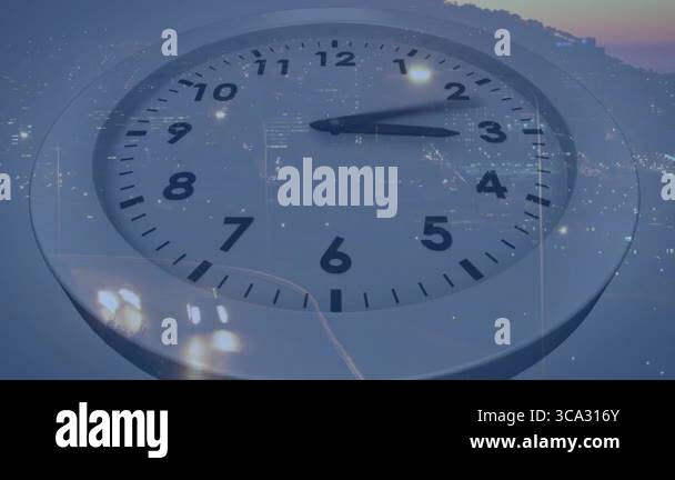 Animated analog clock face overlaying city skyline at dusk showing ...