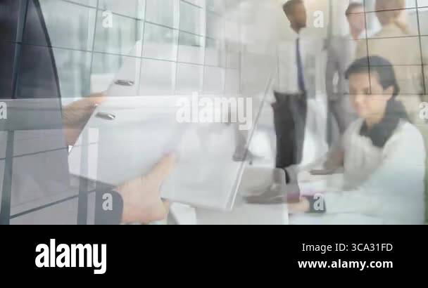 Businesswoman receiving documents in business hub, showing grid overlay ...