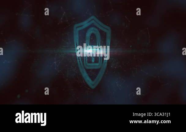Neon teal dotted shield with padlock being animated in dark glitchy ...