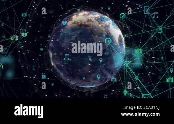 Rotating Earth globe, projecting glowing network mesh around floating ...