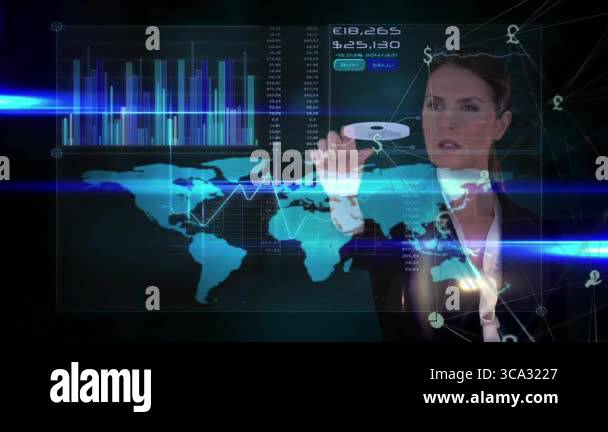 Financial analyst exploring holographic charts, world map graph ...