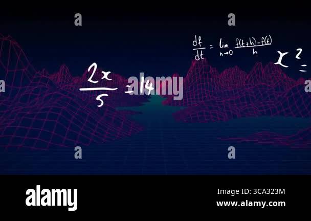 Abstract neon-pink wireframe landscape forming in cyberspace, floating ...