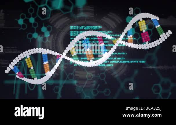 DNA double helix rotating within grid overlay, displaying colored nucleotide pairs and HUD icons ...