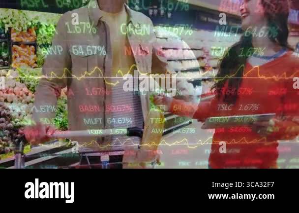 couple exploring produce aisle, tracking market data with floating ...