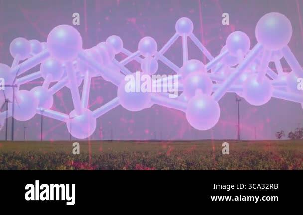 Glowing 3D molecular model hovering above field, wind turbines spinning ...