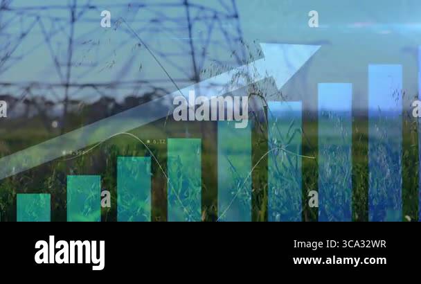 Power grid being visualized over green field showing growing charts and ...