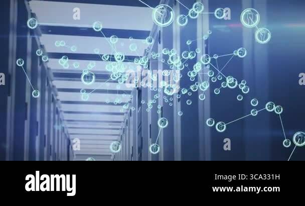 Futuristic data center corridor showing glowing network nodes ...
