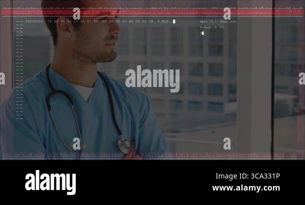 Male doctor wearing scrubs standing in clinic with red hex dump overlay ...