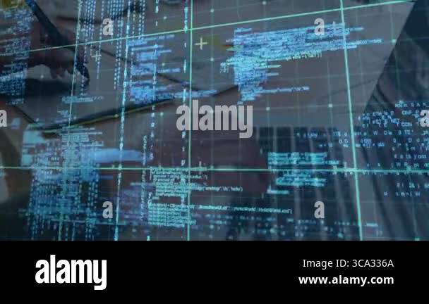 woman typing on laptop in technology workspace, displaying animated code snippets and grid lines ...