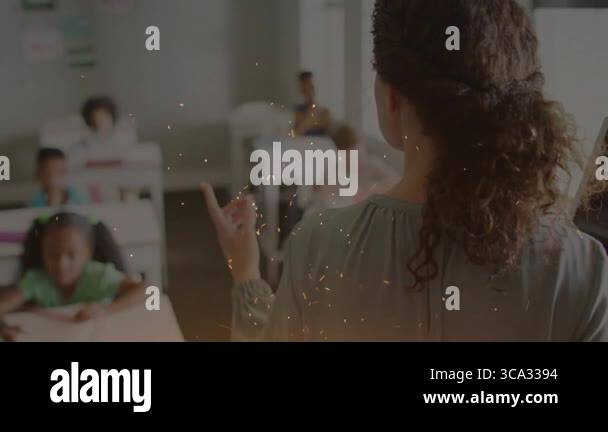 female teacher standing classroom, with animated book icons and ...