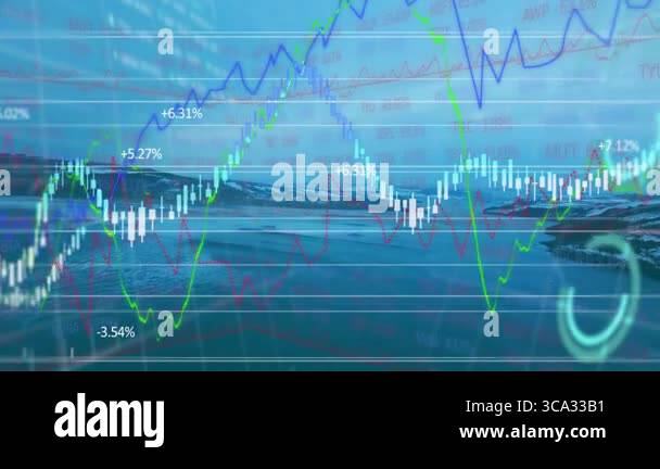 Financial chart data animating over marine seascape, showing ...