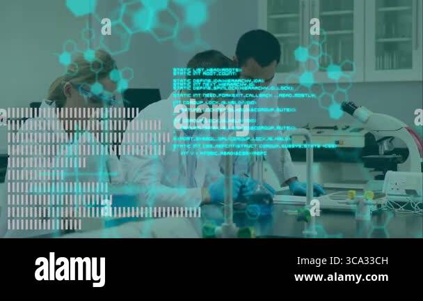 three lab scientists collaborating at steel bench, with turquoise ...