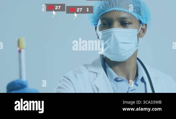 Male doctor examining test tube in medical lab, featuring floating ...