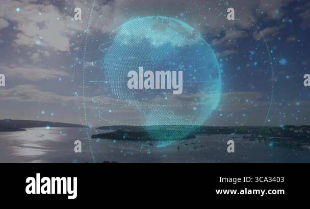 3D holographic globe hovering over coastal bay, showing floating data points near red-sailed ...