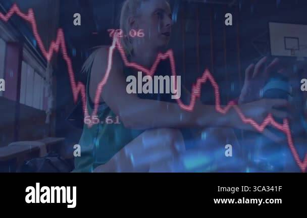 Woman pausing workout in gym, with red digital graph showing fitness ...