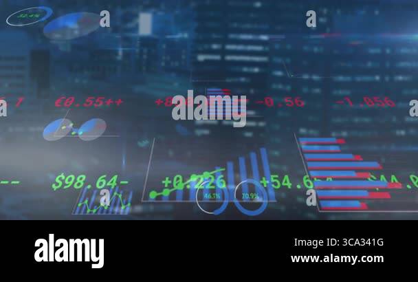 green number +54.654 being displayed over blurred skyline showing line ...