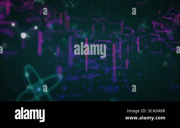 Cluster pulsing with neon cyan-magenta bars in 3D render, floating ...