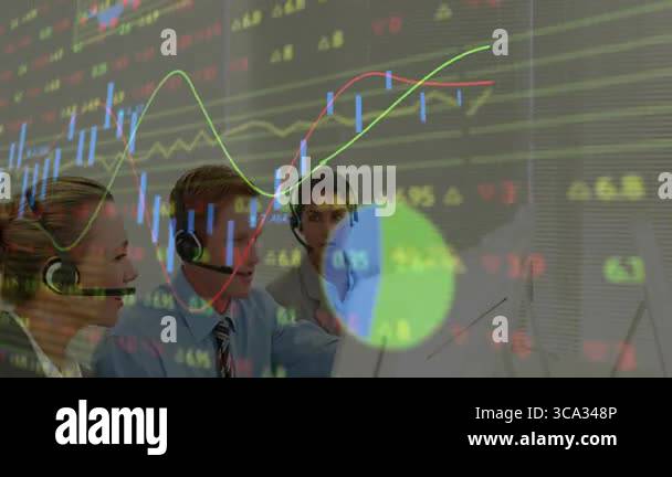 Three coworkers wearing headsets collaborating in finance office visualizing animated stock ...