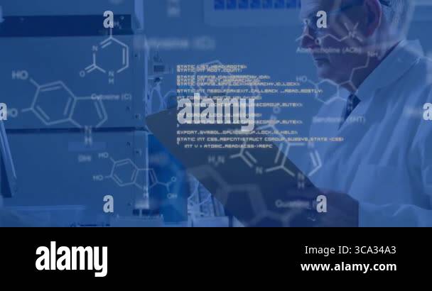 Male scientist reviewing clipboard in chem lab, showing molecules and ...