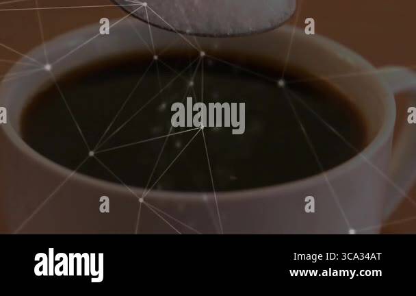 Dark coffee being stirred in ceramic cup by spoon, with glowing nodes and lines overlaying scene ...