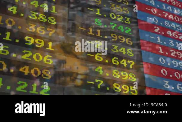 Digital stock ticker overlay floating above blurred city street showing ...