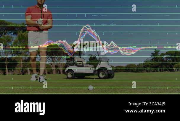Male golfer standing on putting green, with motion line graphs and grid ...