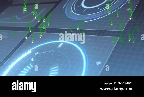 Displaying glowing circular HUD element centered over grid panels with cascading binary digits ...