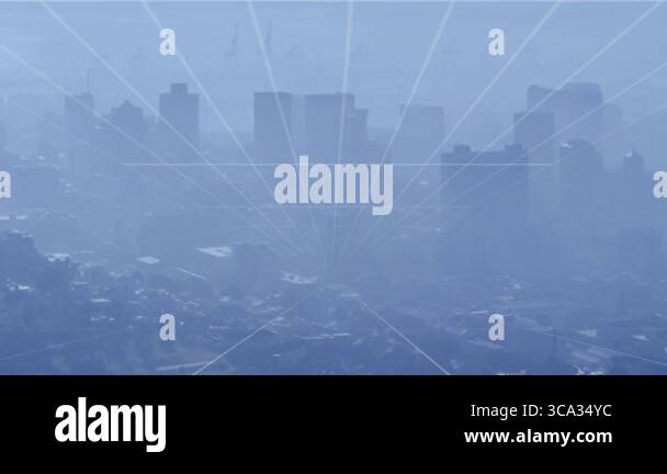 Hazy city skyline being overlaid with perspective grid lines, showing ...