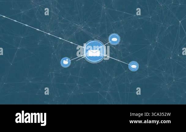 Blue circular nodes floating and connecting over teal mesh network ...