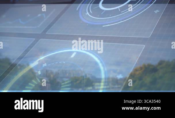 Futuristic interface overlay projecting light blue gauges and grid ...