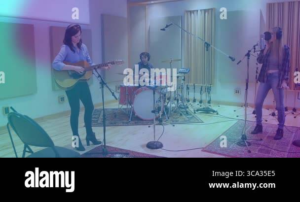 bandmates rehearsing in recording studio, with animated audio waves and ...