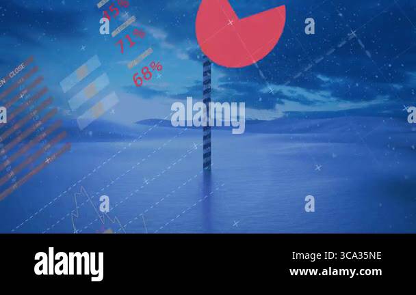 Data visualization being animated over ocean, showing candy-cane pole ...