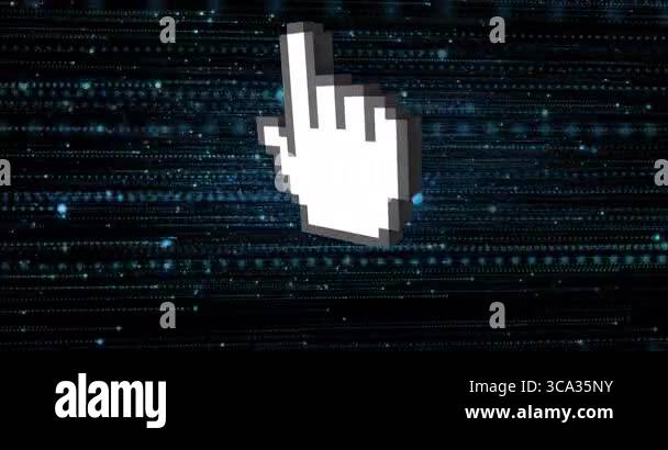 Pixelated white hand cursor floating upward in virtual code stream ...