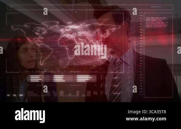 Two colleagues exploring business technology interface in modern office with holographic map ...