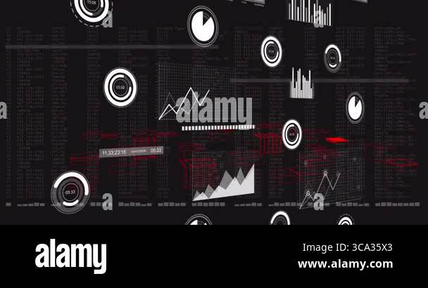 Futuristic dashboard animating red 3D wireframe skyline, overlaying ...