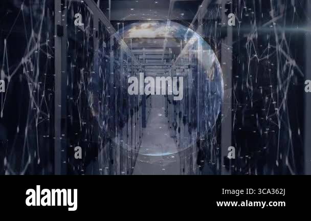 Holographic globe hovering above server corridor, showing network lines and pulsing data points ...