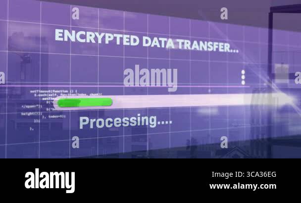 Displaying bold encrypted data transfer text with bright green loading ...