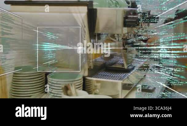 Commercial espresso machine brewing shot on steel counter, displaying ...
