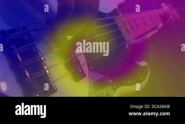 Male musician plucking bass guitar under stage lights, with animated ...