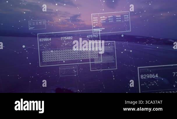 Central interface panel floating above twilight ocean, displaying numeric readouts and node ...