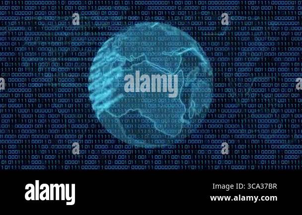 Glowing blue digital globe floating in dark cyberspace, with scrolling ...