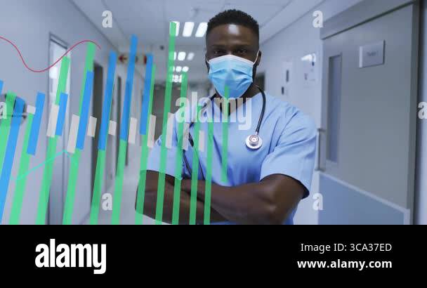 Male doctor standing in hospital hallway showing overlaid bar chart and ...