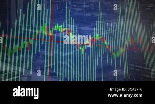 Animated candlestick chart sliding over blurred cityscape, displaying ...