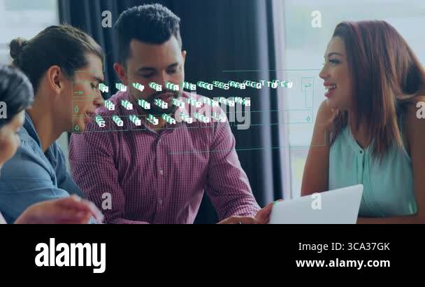 Team collaborating around laptop in tech office, with digital keyboard overlay and progress bars ...