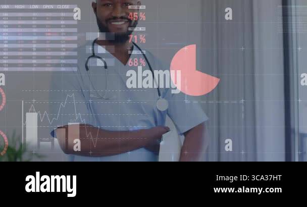 Doctor analyzing health data in hospital, showing floating data charts ...