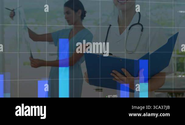 Healthcare team examining medical chart and shading eyes in clinic ...