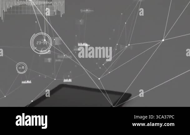 Digital interface visualizing network nodes and data around tablet and ...