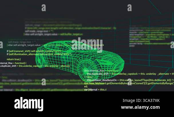 Green wireframe 3D car model hovering over scrolling code grid in ...