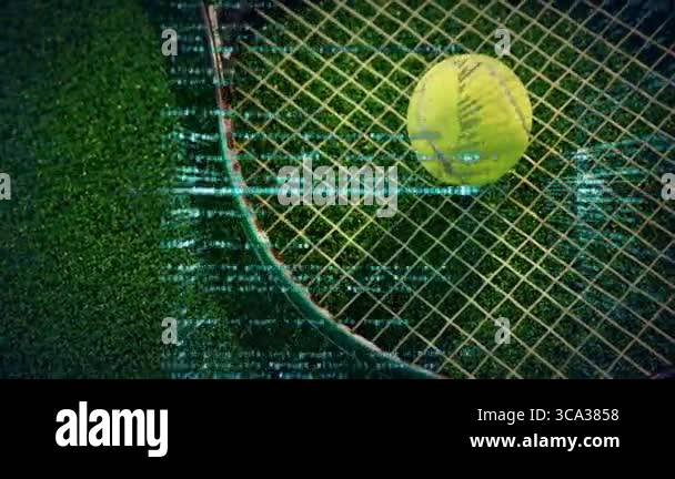 Tennis racket being animated catching yellow ball on green grass in ...