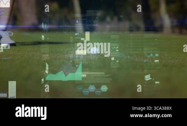 Golf ball analytics floating over green grass in animated illustration ...